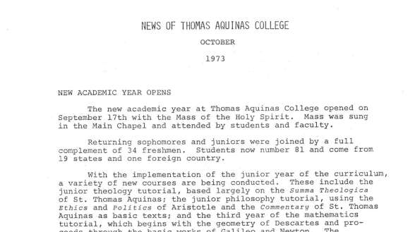 October 1973 Newsletter | Thomas Aquinas College