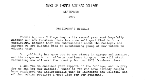 September 1972 Newsletter | Thomas Aquinas College